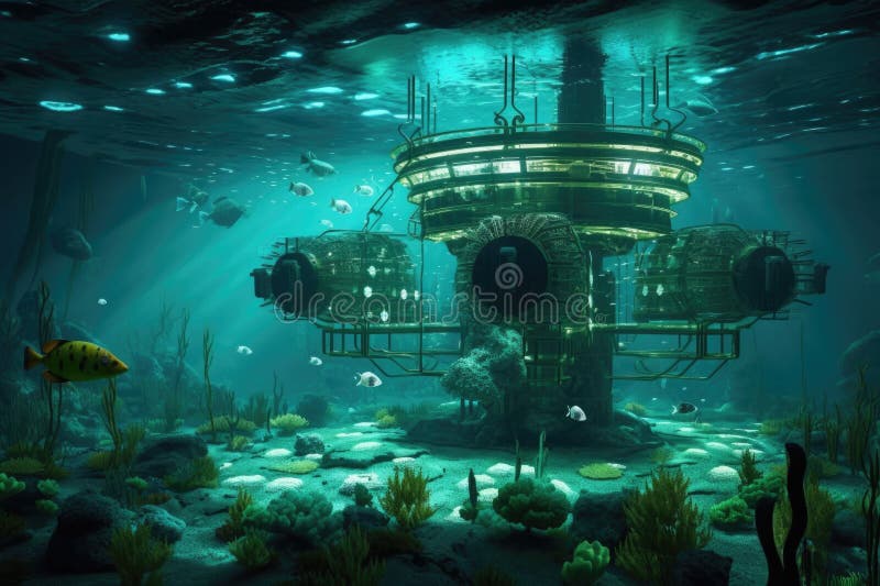 Futuristic Underwater Research Facility Illuminated Stock Illustration ...