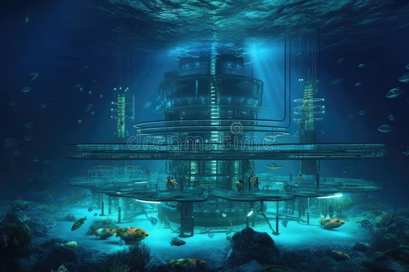 Futuristic Underwater Research Facility Illuminated Stock Image - Image ...