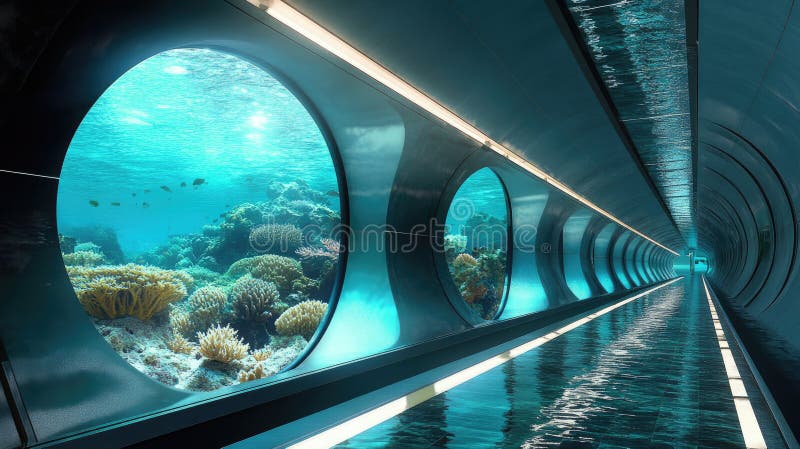 Futuristic Underwater Tunnel with Coral Reef Views through Large ...