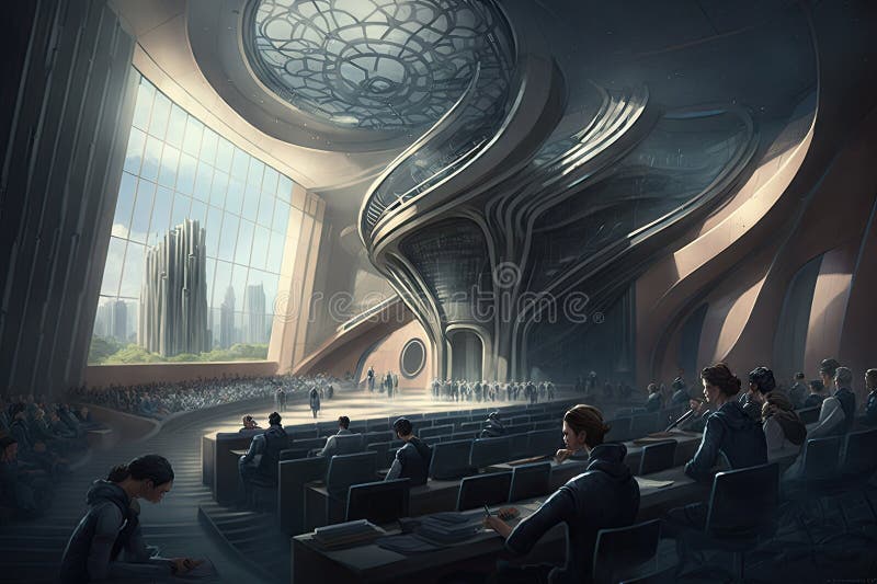 Futuristic University Building, with Students and Faculty in Classrooms ...