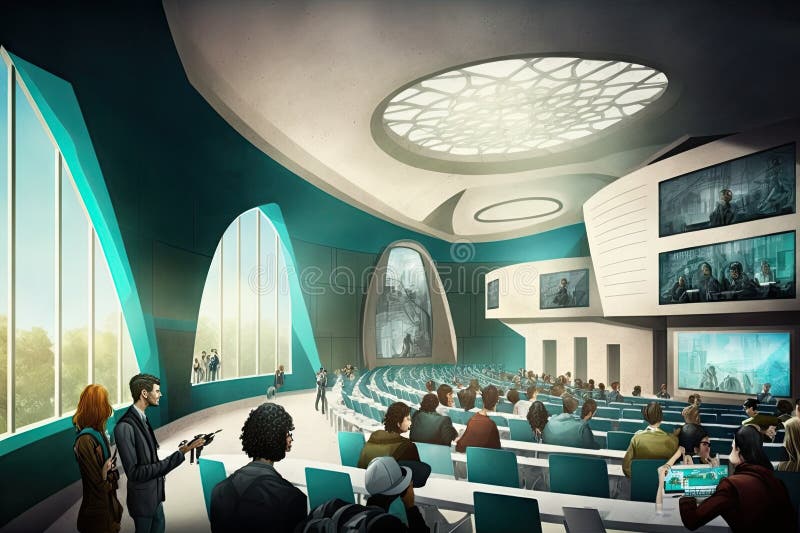Futuristic University, with Students and Faculty Engaged in ...
