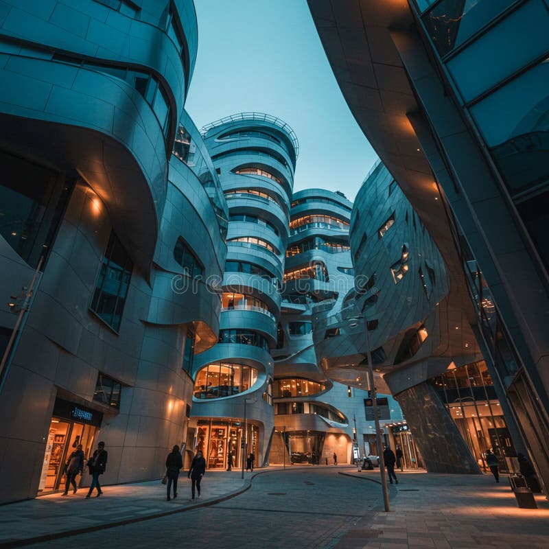 Futuristic Urban Architecture Featuring Curved, Silver Structures with ...