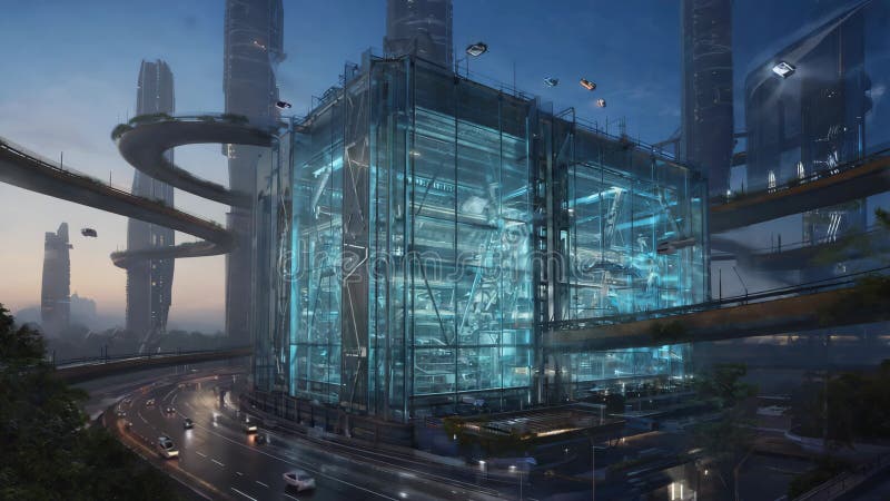 Futuristic Urban Cityscape with Illuminated Skyscraper in Evening Light ...