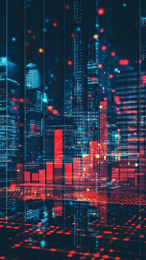 Futuristic Urban Cityscape at Night with Neon Lights and Digital Data ...