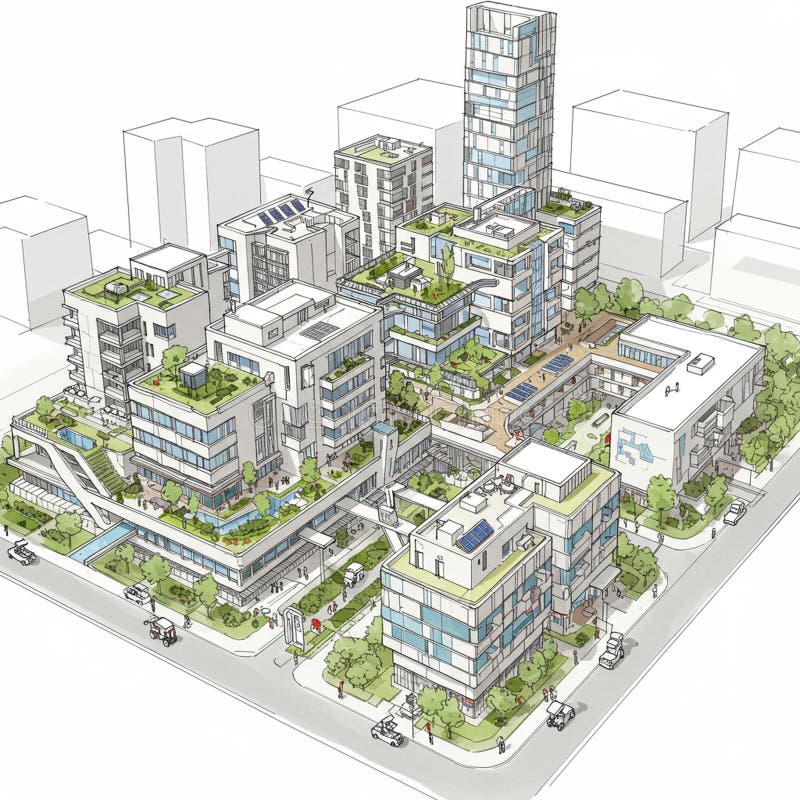 Futuristic Urban Complex Features Interconnected Multi-story Buildings ...