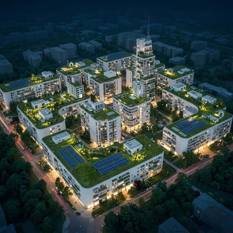 Futuristic Urban Complex with Interconnected Buildings Featuring Green ...