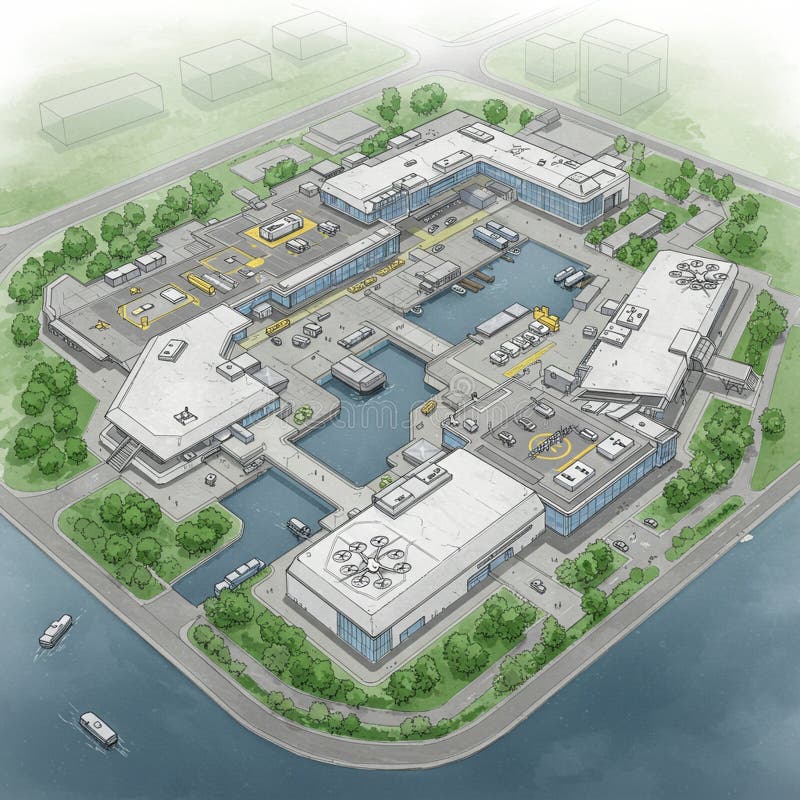 Futuristic Urban Complex Surrounded by a Canal, Featuring Multiple ...