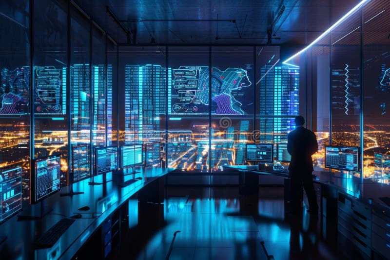 Futuristic Urban Control Center with Digital City Map Displays Stock ...