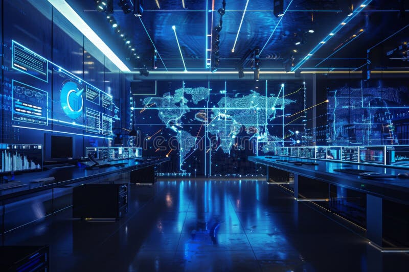 Futuristic Urban Control Center with Digital City Map Displays Stock ...