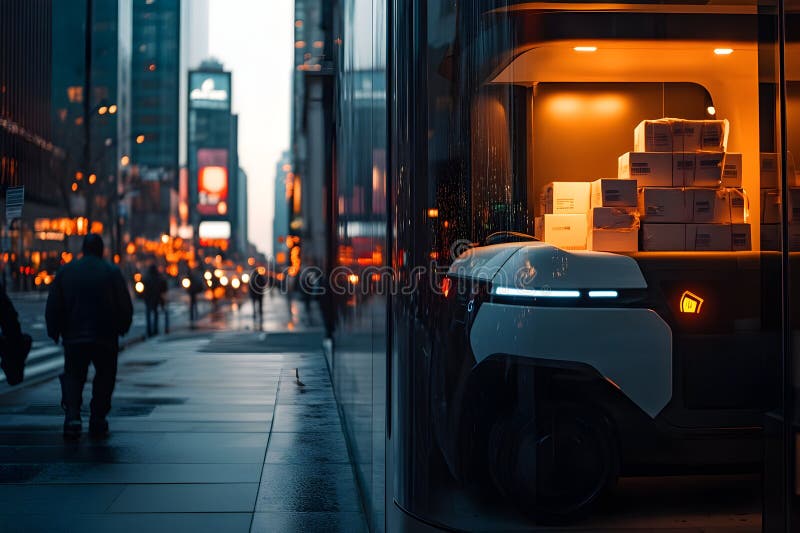 Futuristic Urban Delivery Scene with Autonomous Vehicle and Parcel ...