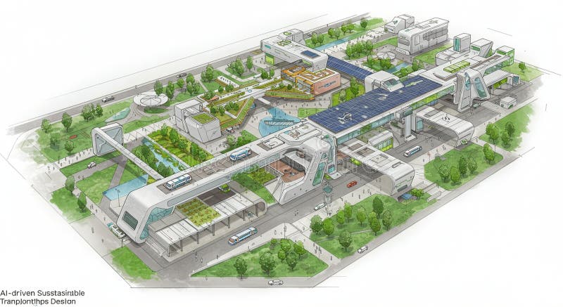 Futuristic Urban Design Featuring a Large, Elevated Transport Hub with ...