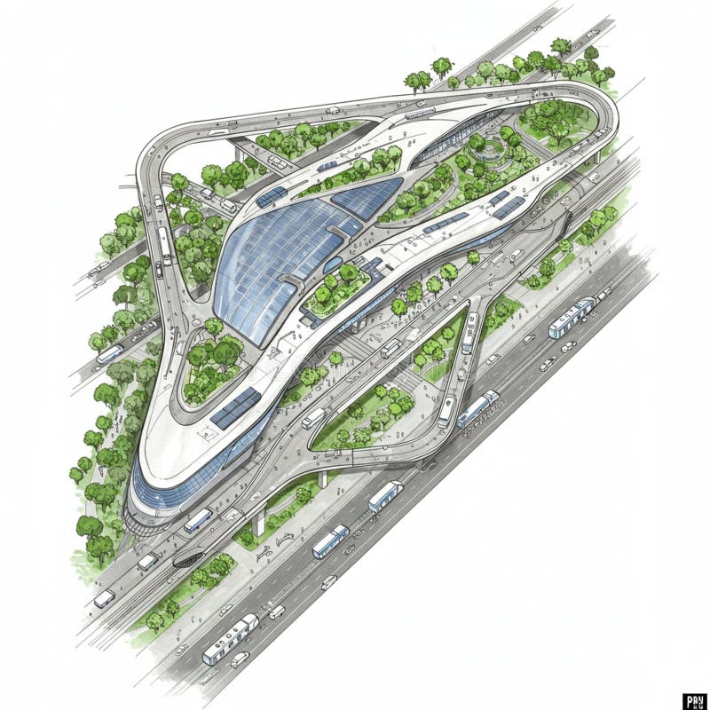 Futuristic Urban Design Featuring a Large, Triangular Structure with ...