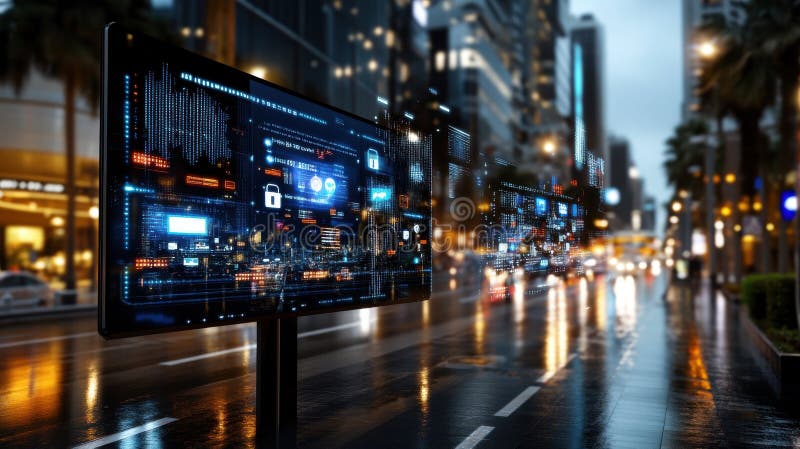 A Futuristic Urban Environment with Floating Digital Billboards ...