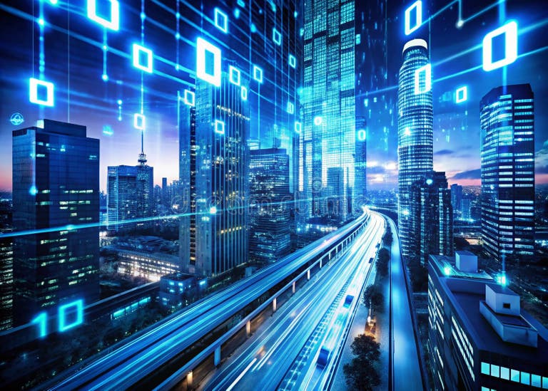 Futuristic Urban Exploration Binary Code and Cyber Light Illuminate ...