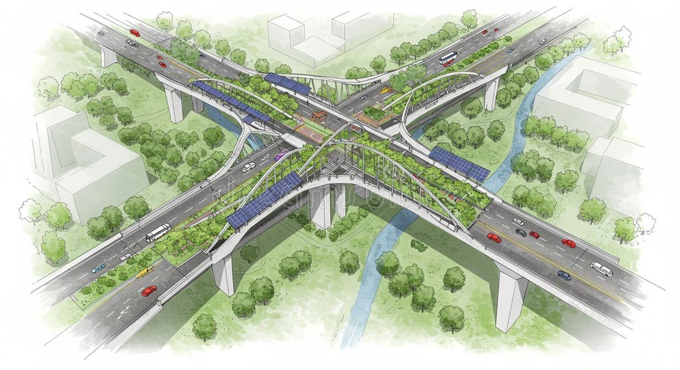 Futuristic Urban Intersection, Featuring Elevated Roads Crossing Over a ...