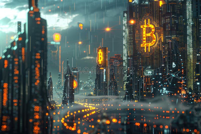 Futuristic Urban Landscape with Bitcoin Symbol Buildings and Binary ...