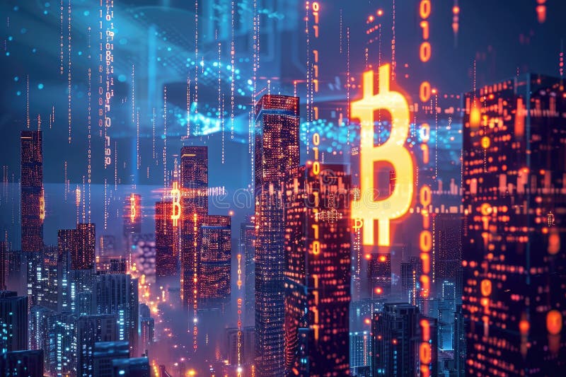 Futuristic Urban Landscape with Bitcoin Symbol Buildings and Binary ...