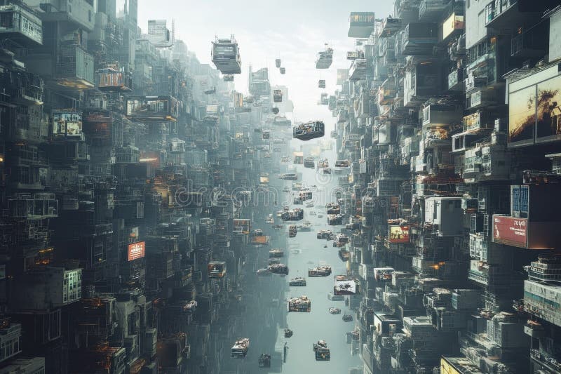Futuristic Urban Landscape Filled with Floating Structures in a Dense ...