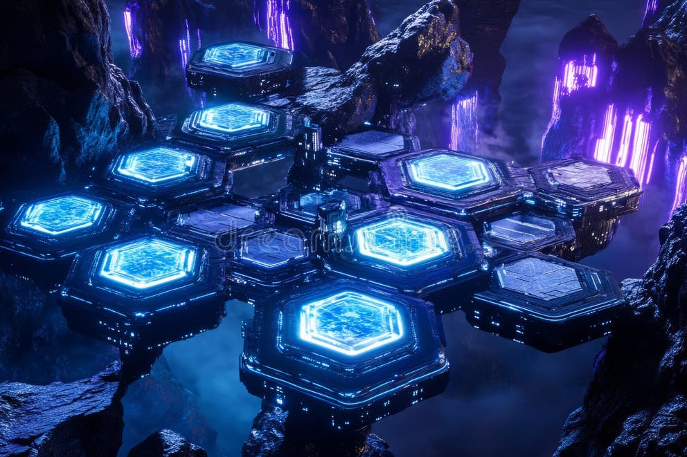 A Futuristic Urban Landscape with Floating Hexagonal Platforms Acting ...