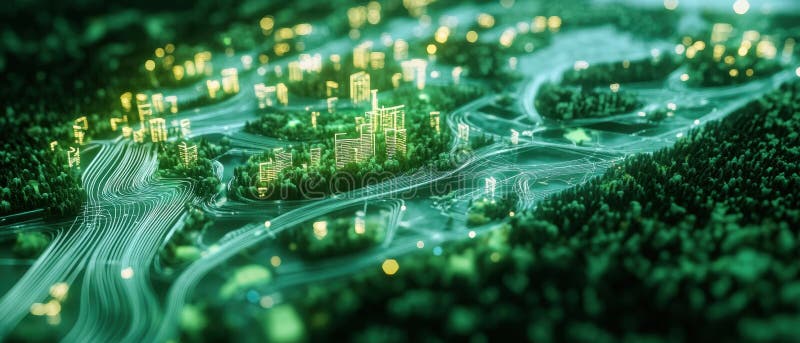 Futuristic Urban Landscape with Glowing Green Architecture and Network ...