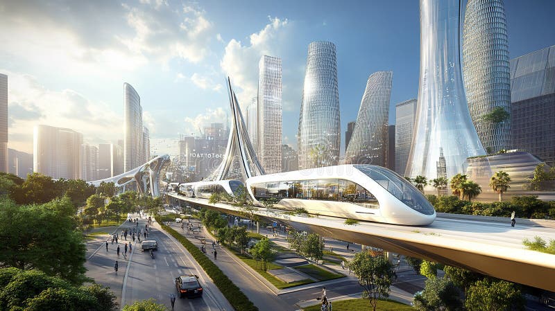 Futuristic Urban Landscape Showcasing Advanced Public Transit Systems ...