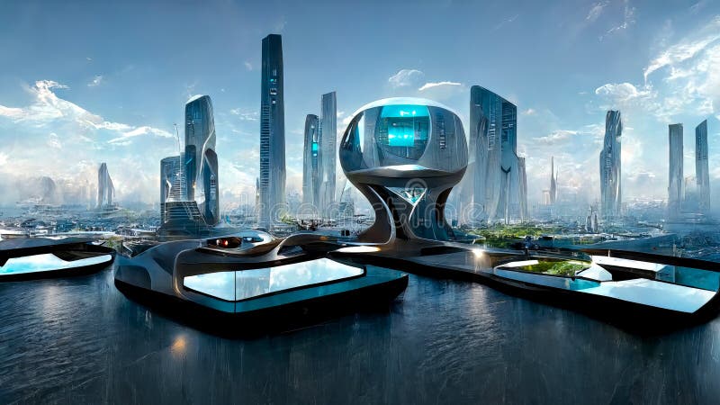 Futuristic Urban Landscape. Virtual Reality. Megapolis with Robotic ...
