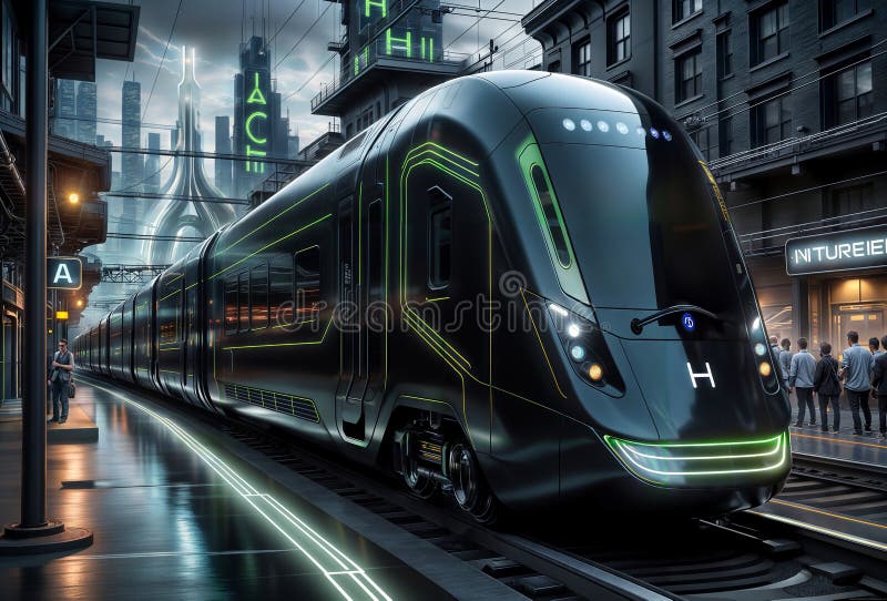 High-speed Hydrogen Train in the City at Night. 3D Rendering ...