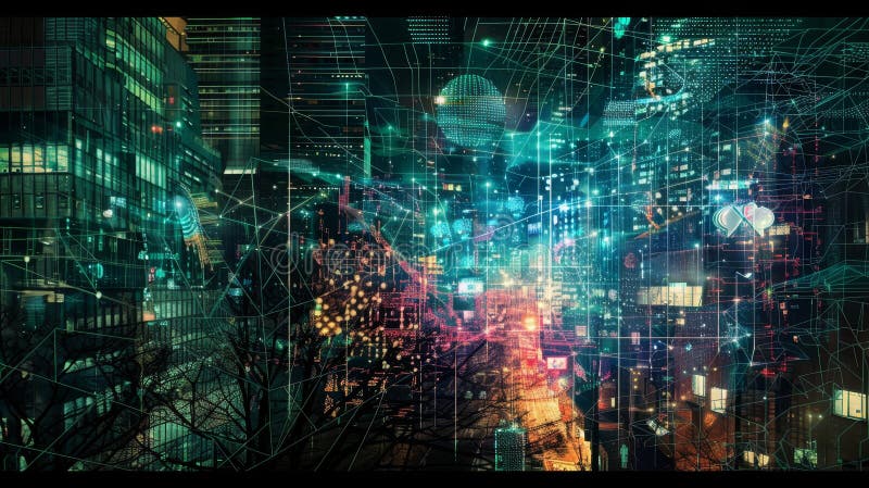Futuristic Urban Nightscape Showcasing Dynamic Data Streams and ...