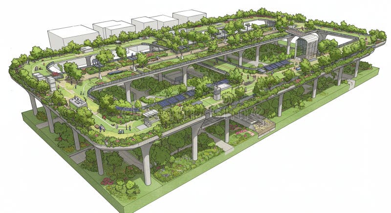 Futuristic Urban Park Concept with Elevated Pathways Supported by ...