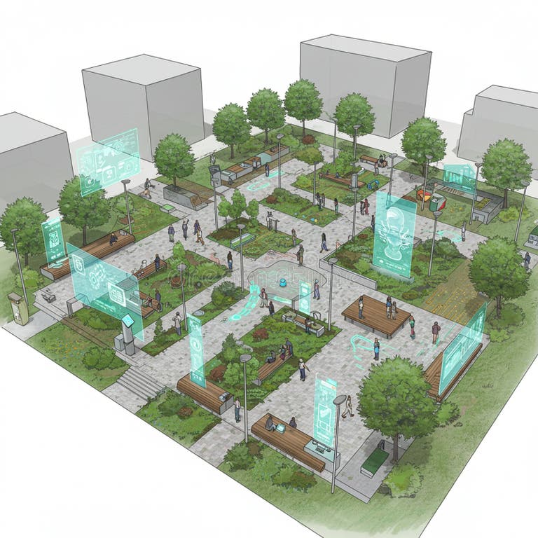 Futuristic Urban Park Featuring Numerous Holographic Displays and ...