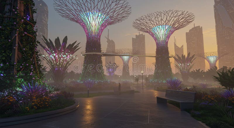 Futuristic Urban Park with Illuminated Supertrees and Modern ...
