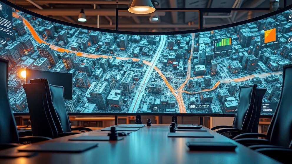 Futuristic Urban Planning Conference Room with Interactive Digital City ...