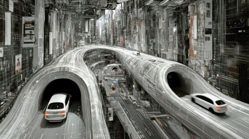 Futuristic Urban Scene with Cars Navigating through Complex ...