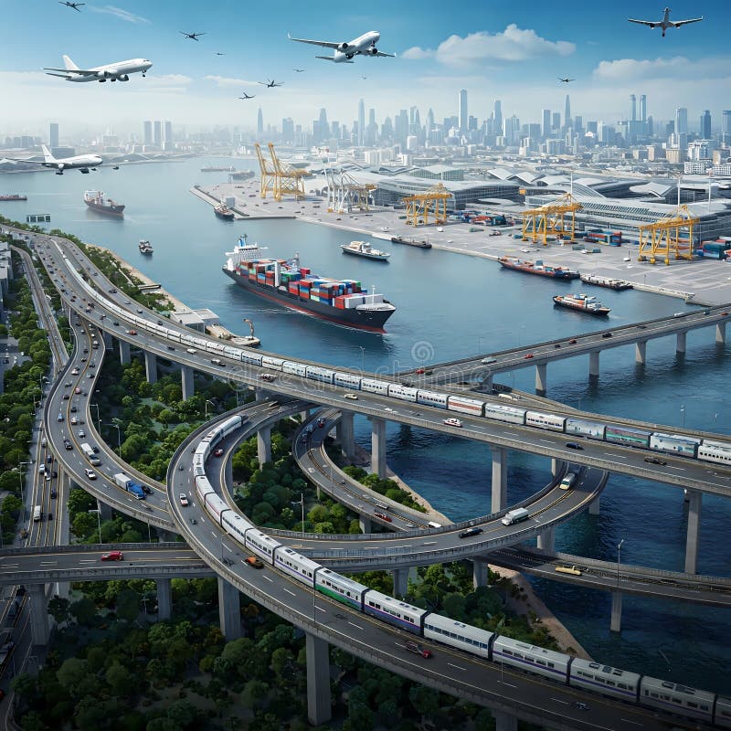 Futuristic Urban Scene with Elevated Highways and Railways Curving Over ...