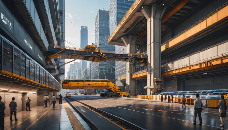 Futuristic Urban Monorail Station with Modern Skyscrapers Stock Photo ...