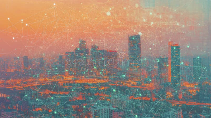 Futuristic Urban Landscape with Glowing Networks Stock Illustration ...