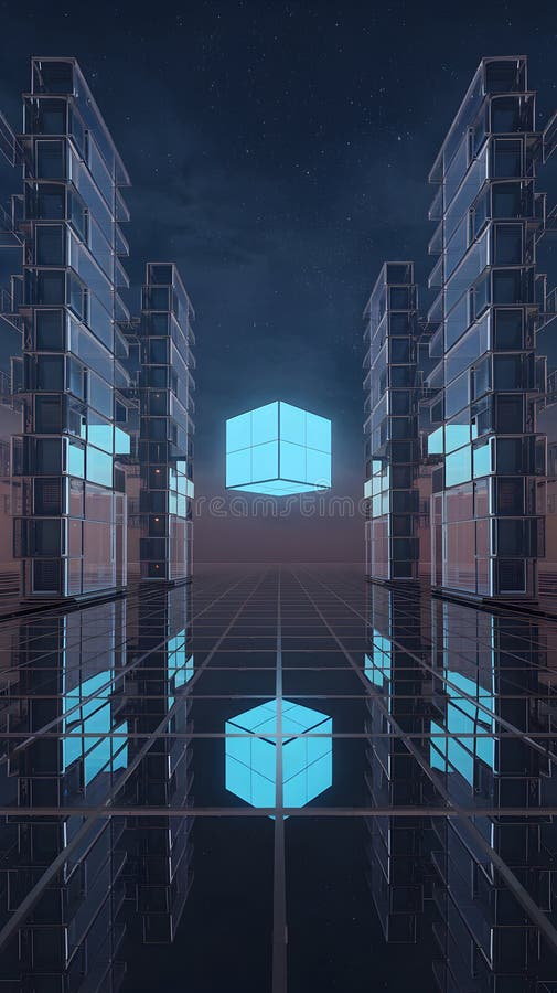 Glowing Blue Cube in Urban Scene Emphasizes Sci Fi Visuals with Spatial ...