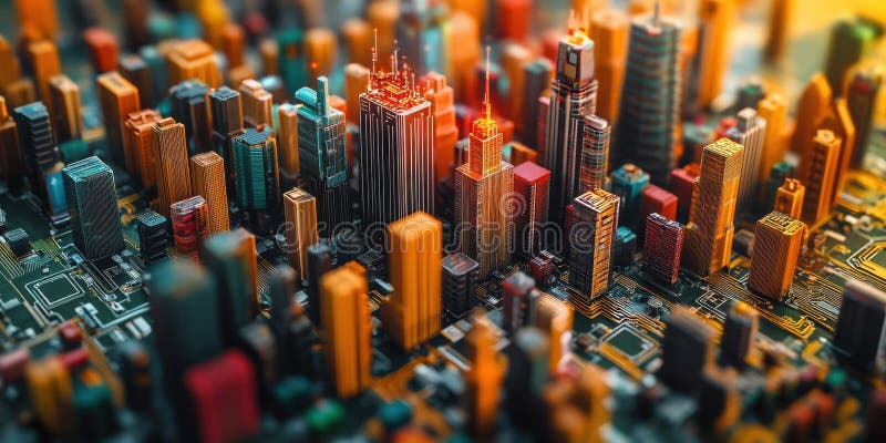 Futuristic Urban Skyline on Circuit Board with Glowing Skyscrapers Stock Illustration ...