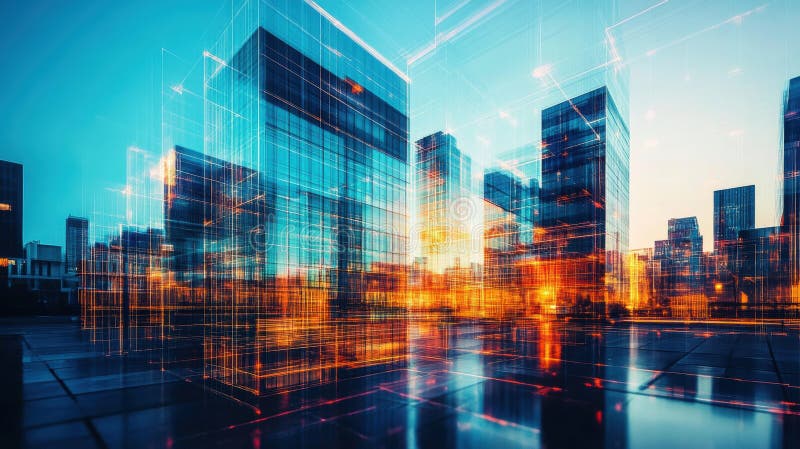 Futuristic Urban Skyline with Glowing Digital Patterns and Reflections ...