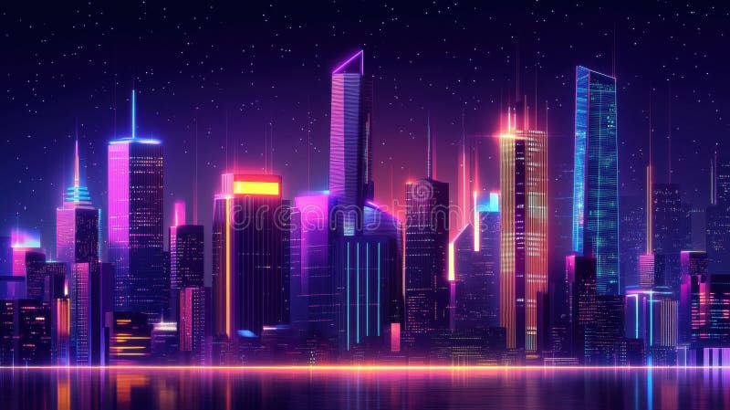 Futuristic Urban Skyline with Glowing Tech-inspired Architecture Stock ...