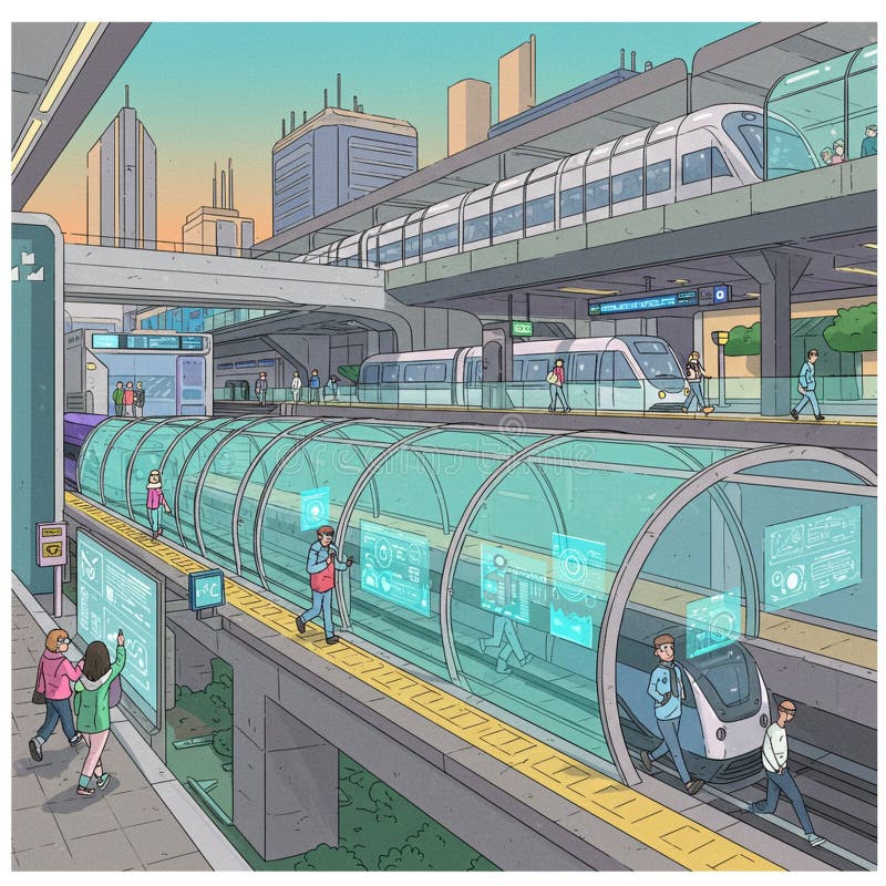 Futuristic Urban Transit Scene Featuring Elevated and Underground Trains. the Setting Stock ...