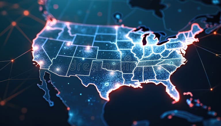 Futuristic USA Map with Glowing Lights. Global Communication ...