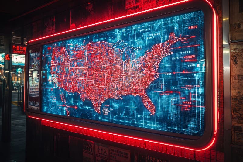 Futuristic USA Map with Neon Red and Blue Highlights, Glowing Interface ...