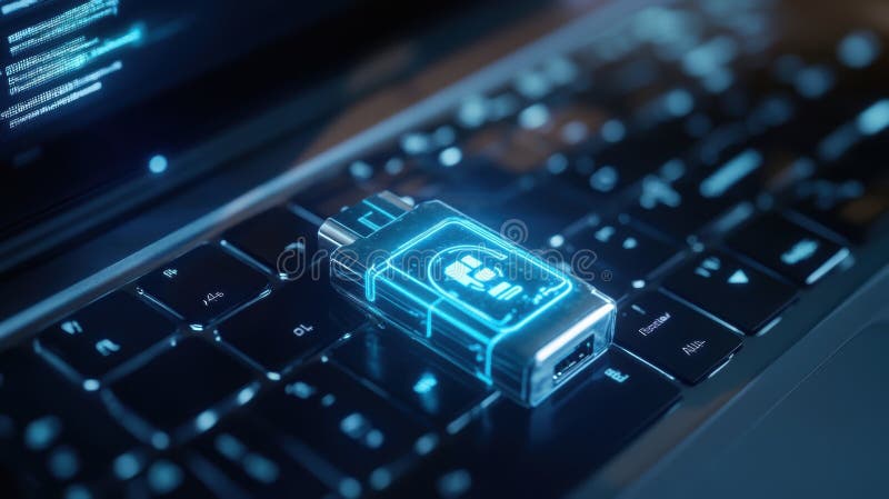 Futuristic Usb Dongle Protecting Data on Laptop Keyboard Stock ...