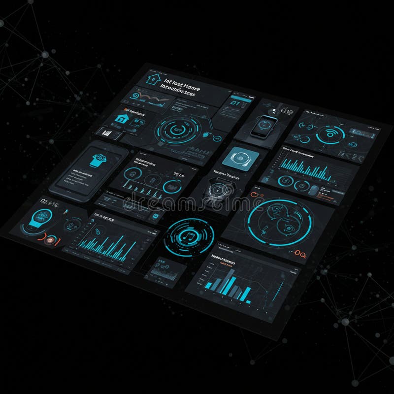 A Futuristic User Interface Layout with Multiple Data Panels. Each Panel Displays Stock ...