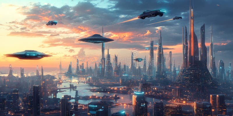 Futuristic Utopian City Skyline with Flying Vehicles and Advanced ...