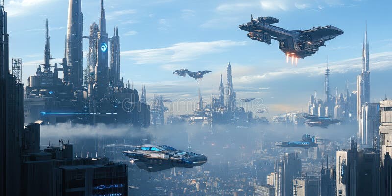 Futuristic Utopian City Skyline with Flying Vehicles and Advanced ...