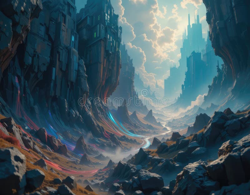 Futuristic Valley with Glowing Stream and Distant City Scape Stock ...