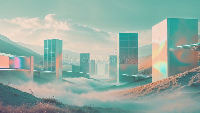 Futuristic Valley Landscape with Glowing Structures and Solar Panels ...