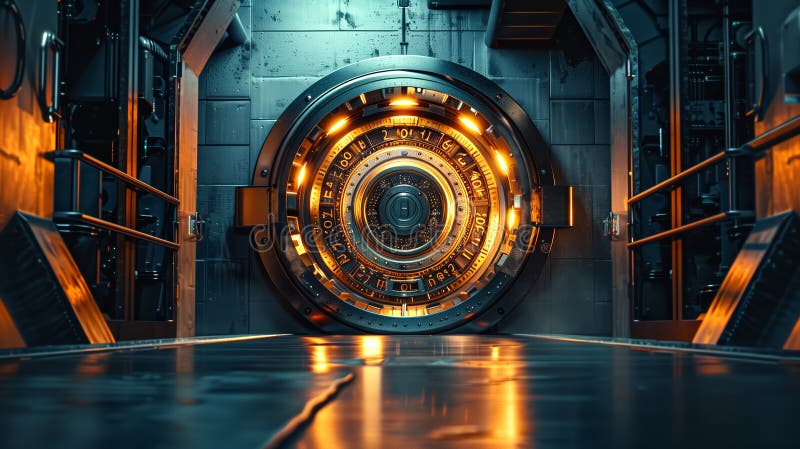 Futuristic Vault Door with Glowing Orange Lights Stock Illustration ...